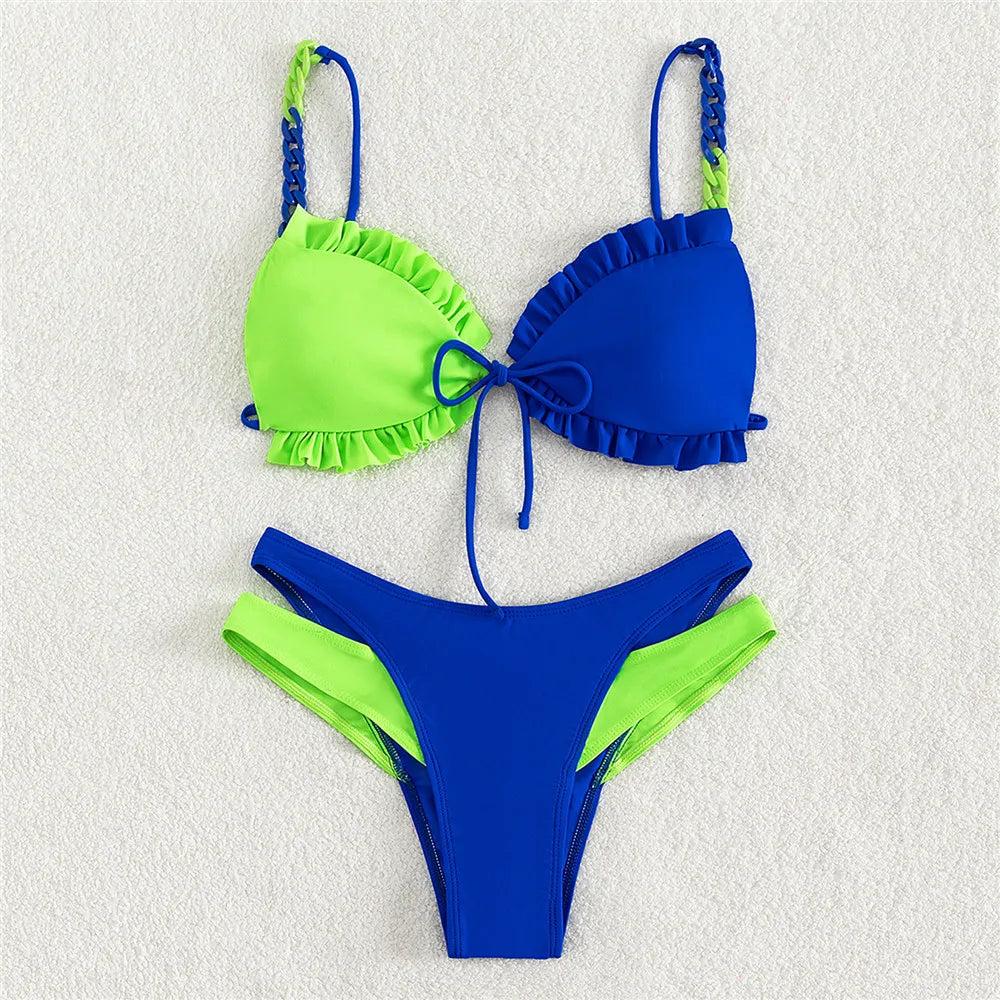 Womens Two-tone Ruffled Bikini Set With Braided Ties on Luulla
