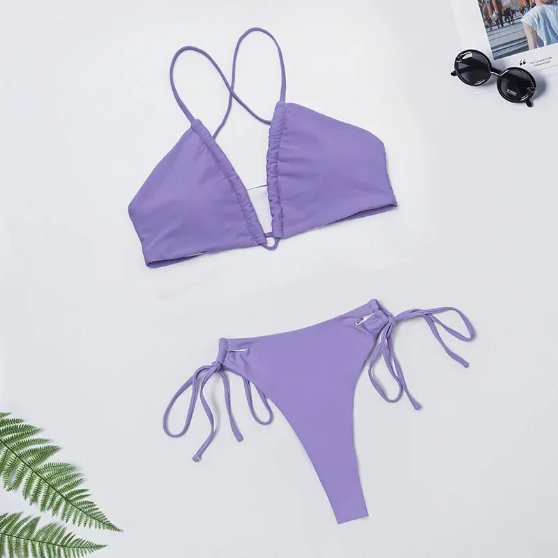 Womens Lilac Triangle Top String Bikini Swimwear Set on Luulla