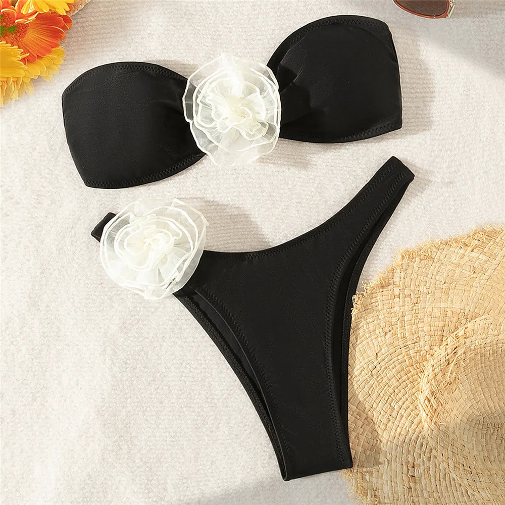 Womens Black Bandeau Bikini Set With Floral Accents on Luulla