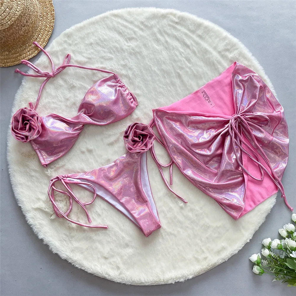 Womens Metallic Pink Bikini Set With Flowery Accents on Luulla