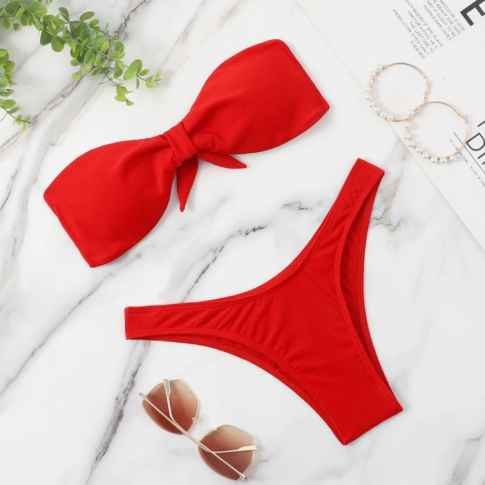 Womens Red Bandeau Bikini Set With Bow Detail On Luulla