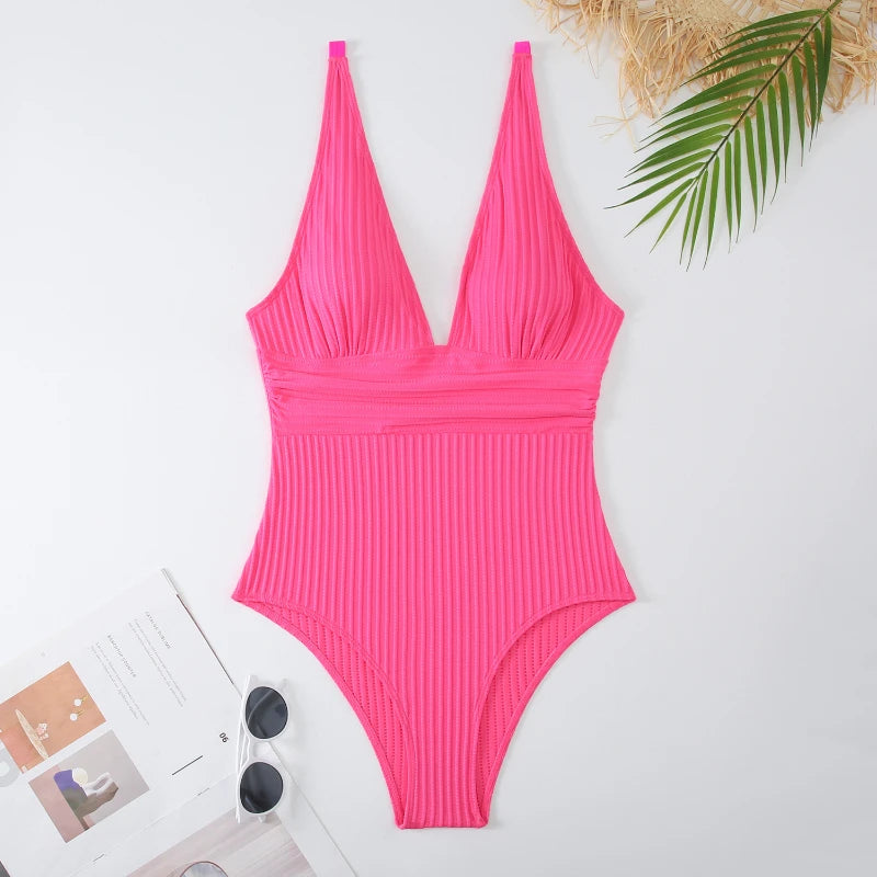 Womens Ribbed Plunge Neckline One Piece Swimsuit Pink On Luulla