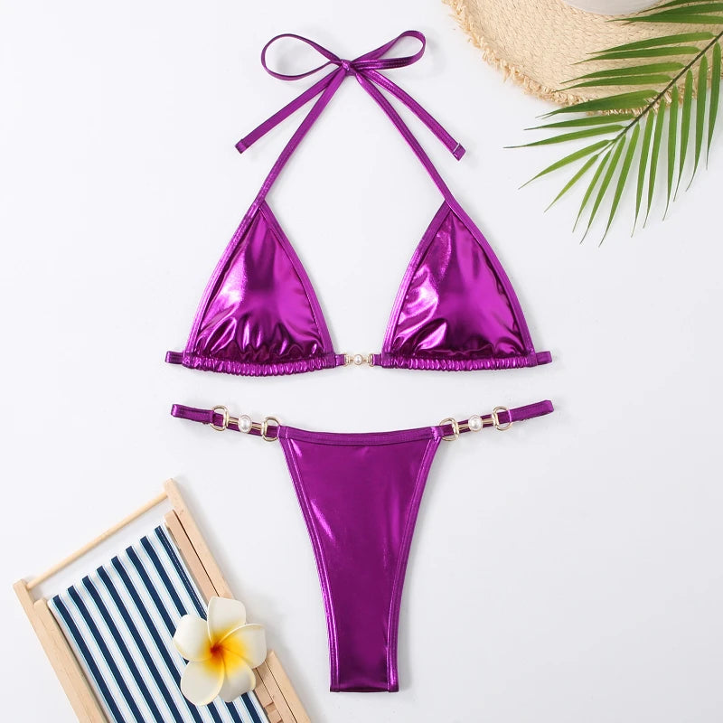 Shiny Metallic Purple Bikini Set With Bead Details on Luulla