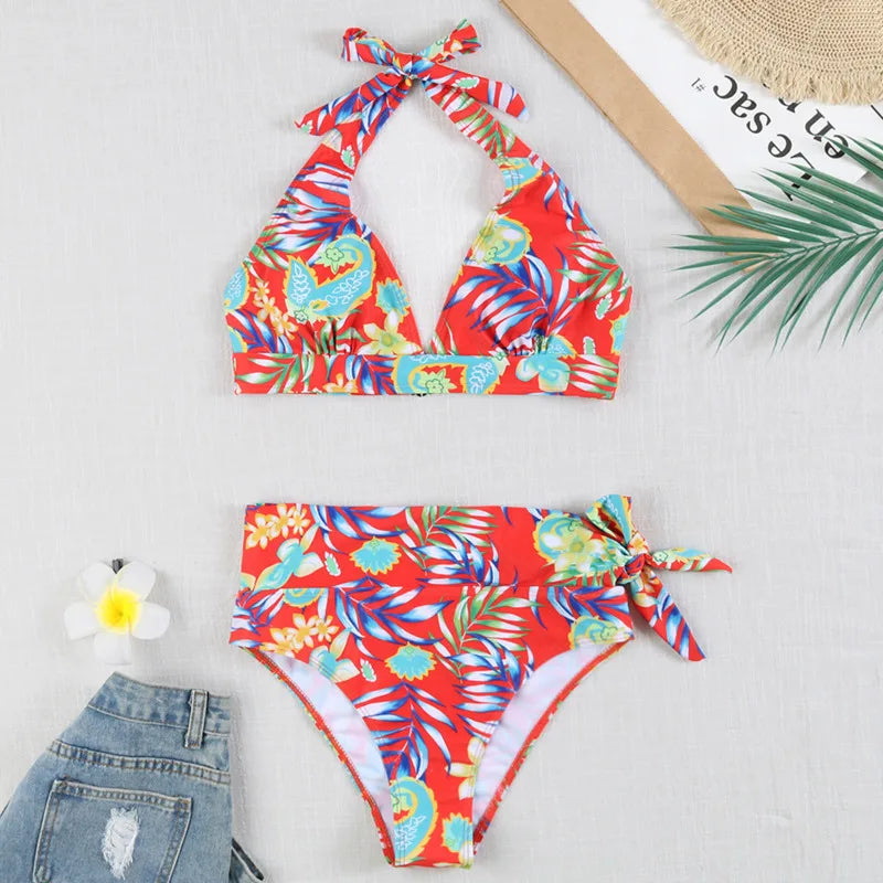 Womens Tropical Print Halter Neck Bikini Set on Luulla