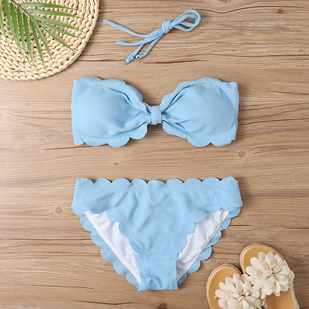 Womens Textured Bowknot Bikini Set - Light Blue Swimwear on Luulla