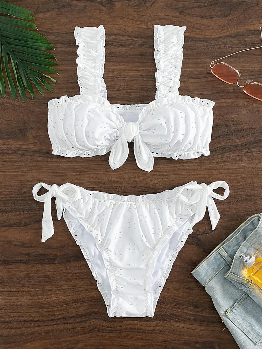 Womens Ruffled White Eyelet Lace-up Bikini Swimwear Set on Luulla