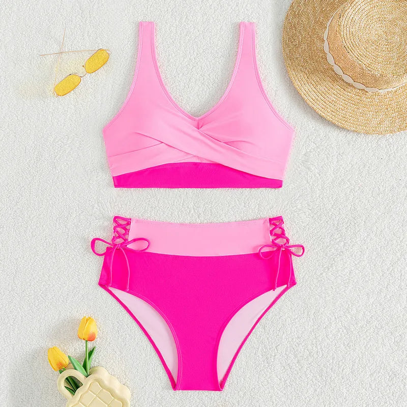 Womens Pink Two-piece Swimsuit With Side Ties on Luulla