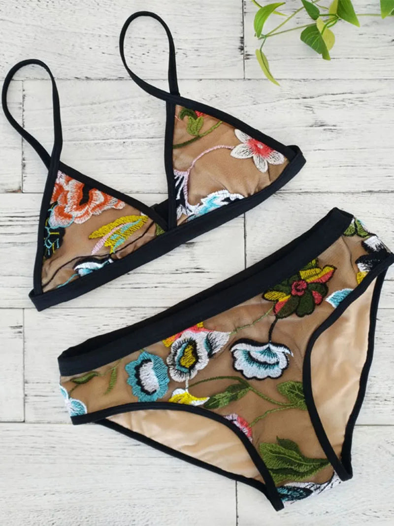 Embroidered Floral Mesh Triangle Bikini Lingerie Set on Luulla