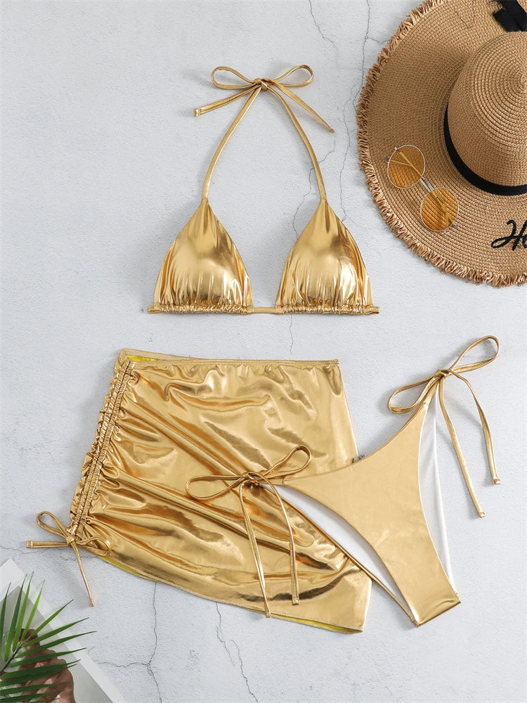 Womens Metallic Gold Bikini Set With High-waisted Bottom on Luulla