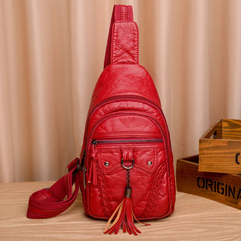Chic Red Leather Sling Bag With Tassel Detail on Luulla