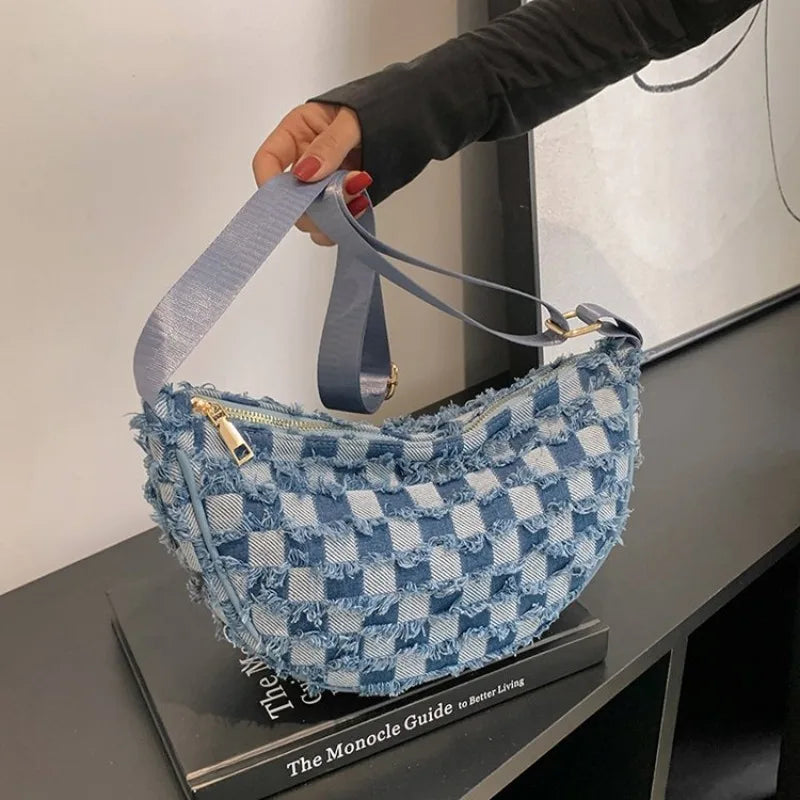 Trendy Blue Plaid Frayed Fabric Sling Crossbody Bag on Luulla