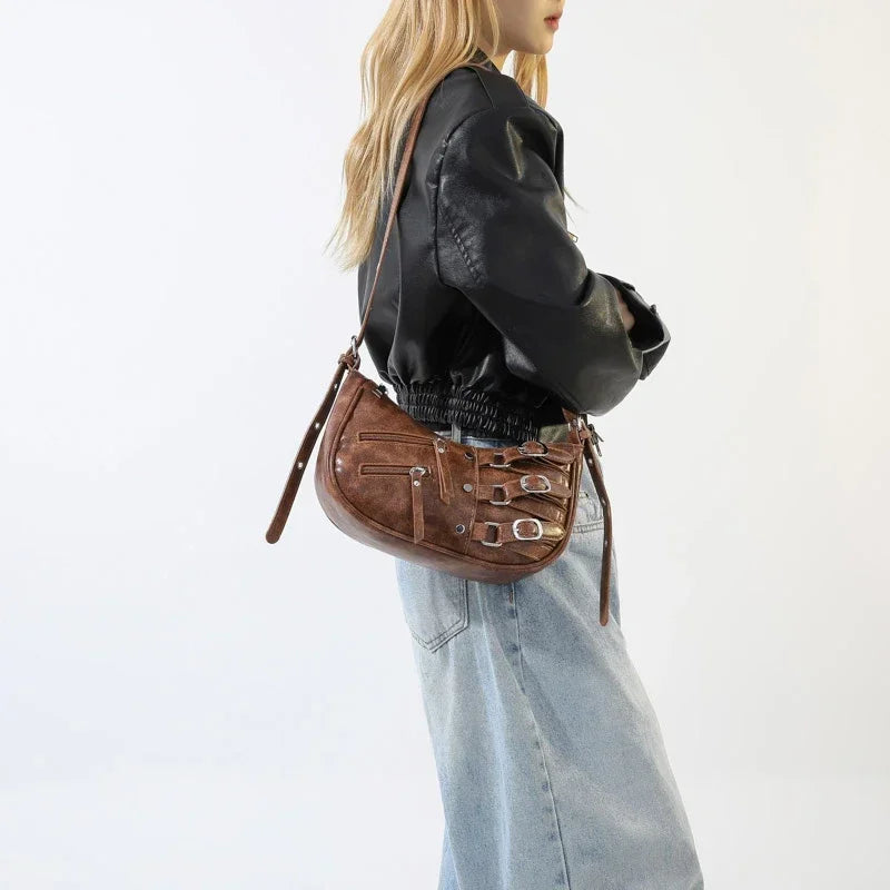 Vintage Leather Saddle Bag With Silver Buckle Accents on Luulla