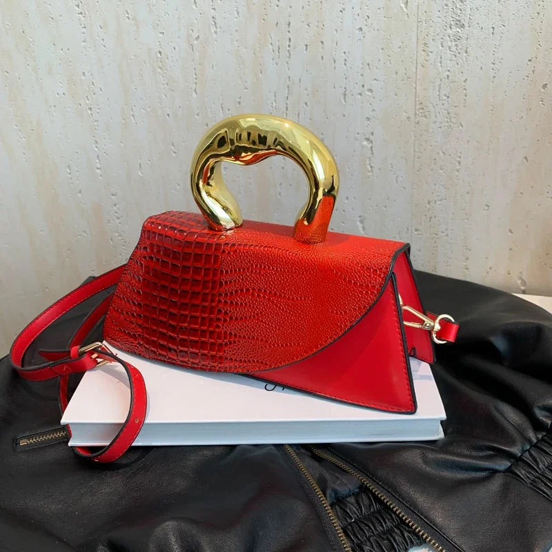Elegant Red Crocodile Texture Handbag With Golden Handle on Luulla