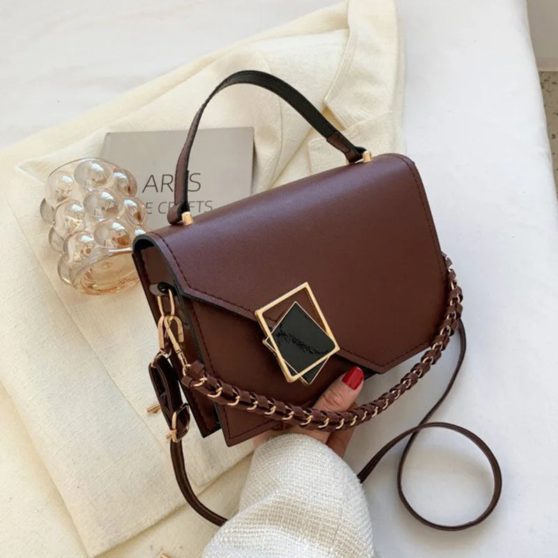Elegant Brown Leather Chain Strap Crossbody Bag on Luulla