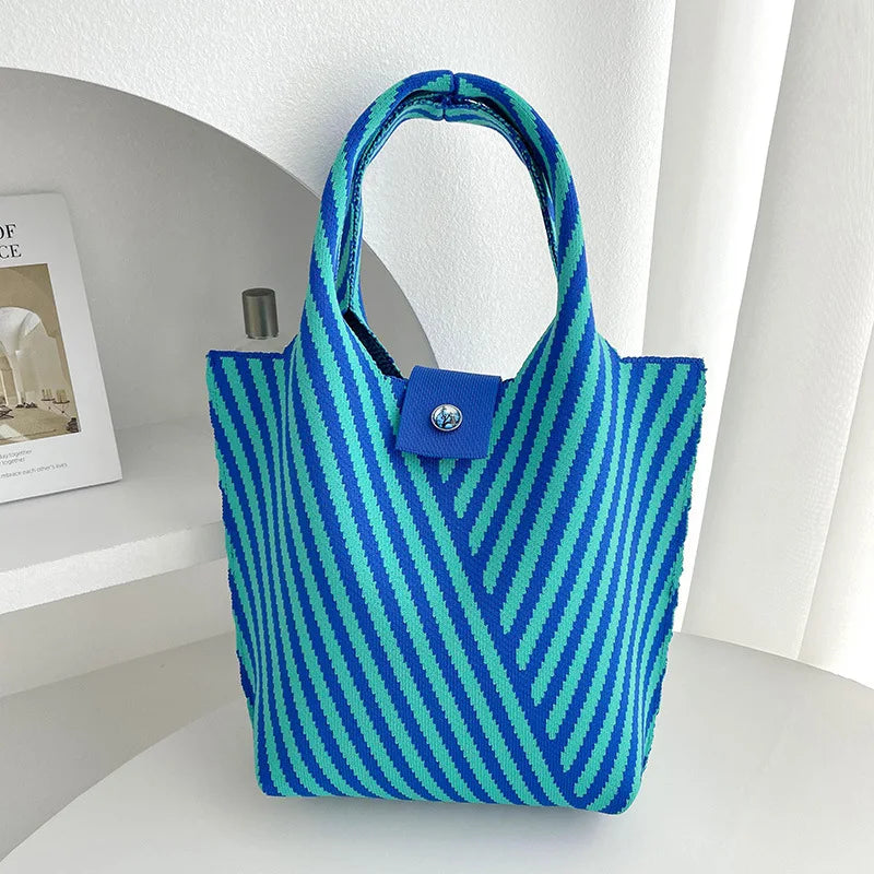 Blue And Green Striped Canvas Tote Bag For Women on Luulla