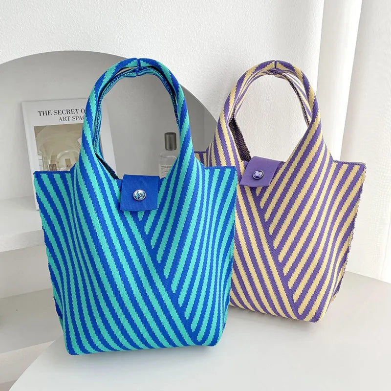Blue And Green Striped Canvas Tote Bag For Women on Luulla