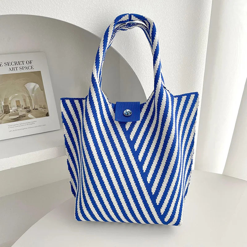 Blue And Green Striped Canvas Tote Bag For Women on Luulla
