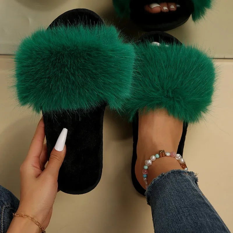 Cozy Green Faux Fur Slide Slippers on Luulla
