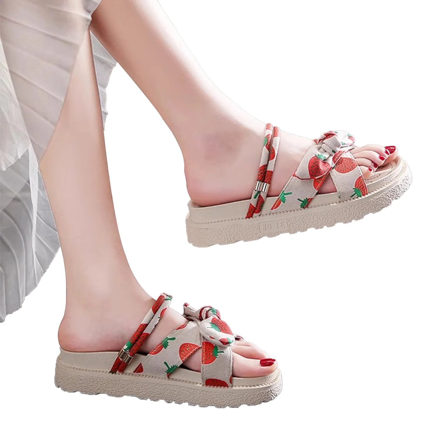 Strawberry Print Womens Bow Slide Sandals on Luulla