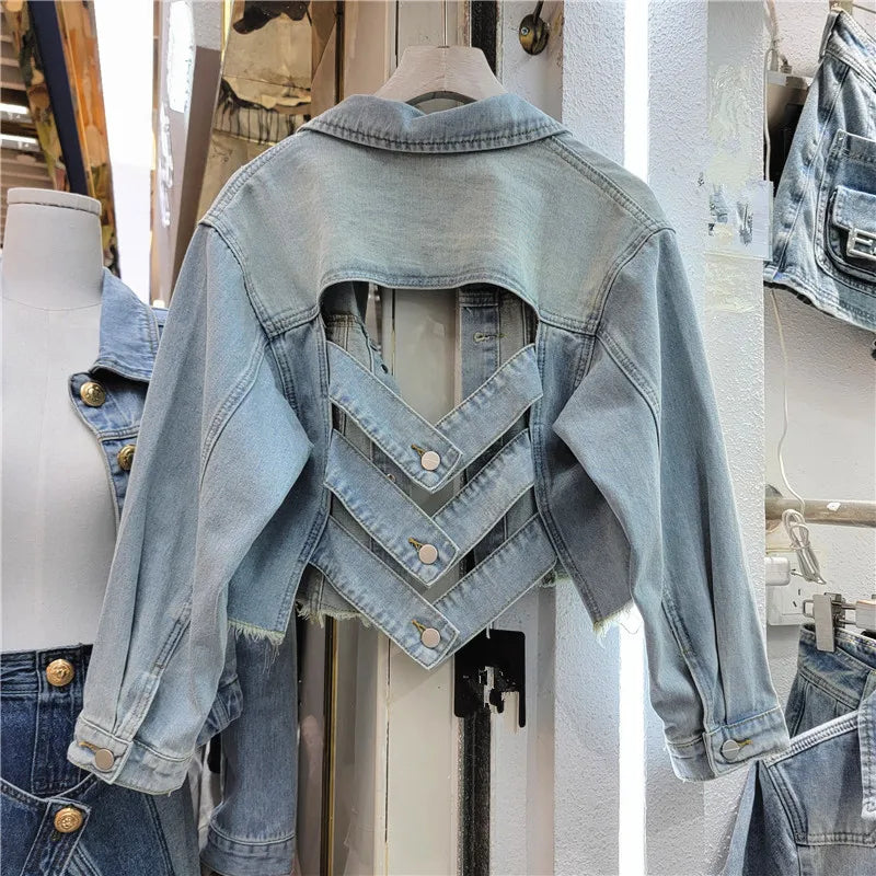 Distressed Denim Jacket With Back Cutout Design on Luulla