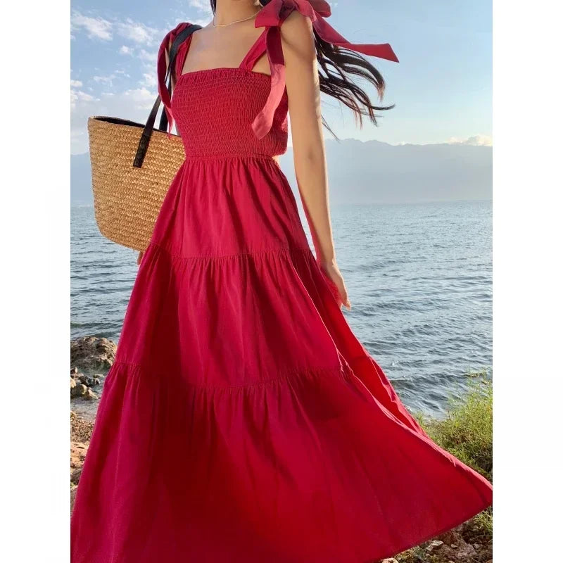 Summer Red Sundress With Bow Tie Straps on Luulla
