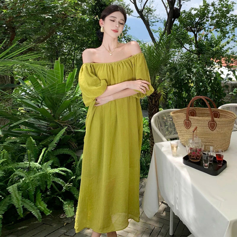 Off-shoulder Green Summer Maxi Dress Womens on Luulla