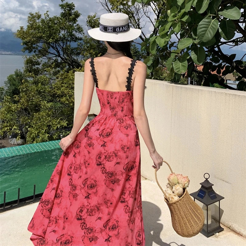 Floral Backless Sundress With Black Lace Straps on Luulla