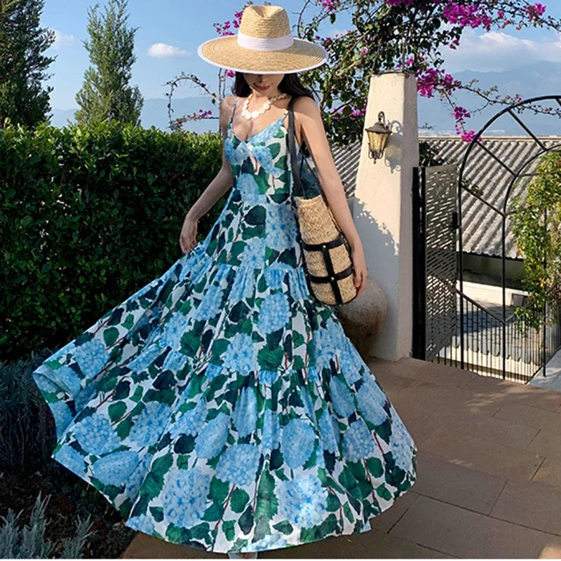 Floral Blue Spaghetti Strap Maxi Sundress on Luulla