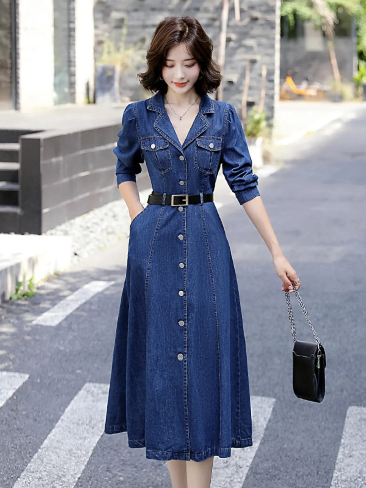 Stylish Button-down Denim Dress With Belt on Luulla