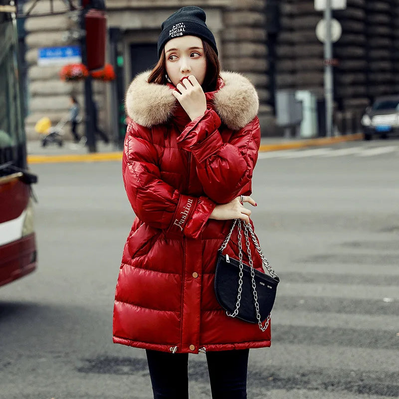 Womens Long Red Puffer Coat With Fur on Luulla