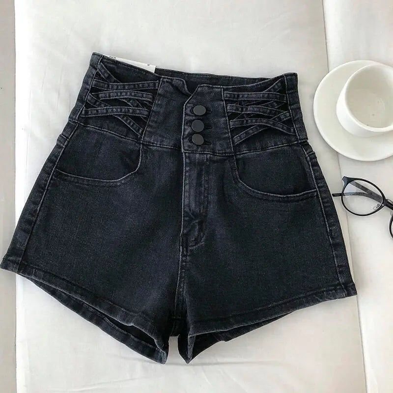 High-waist Black Denim Shorts With Buttons on Luulla