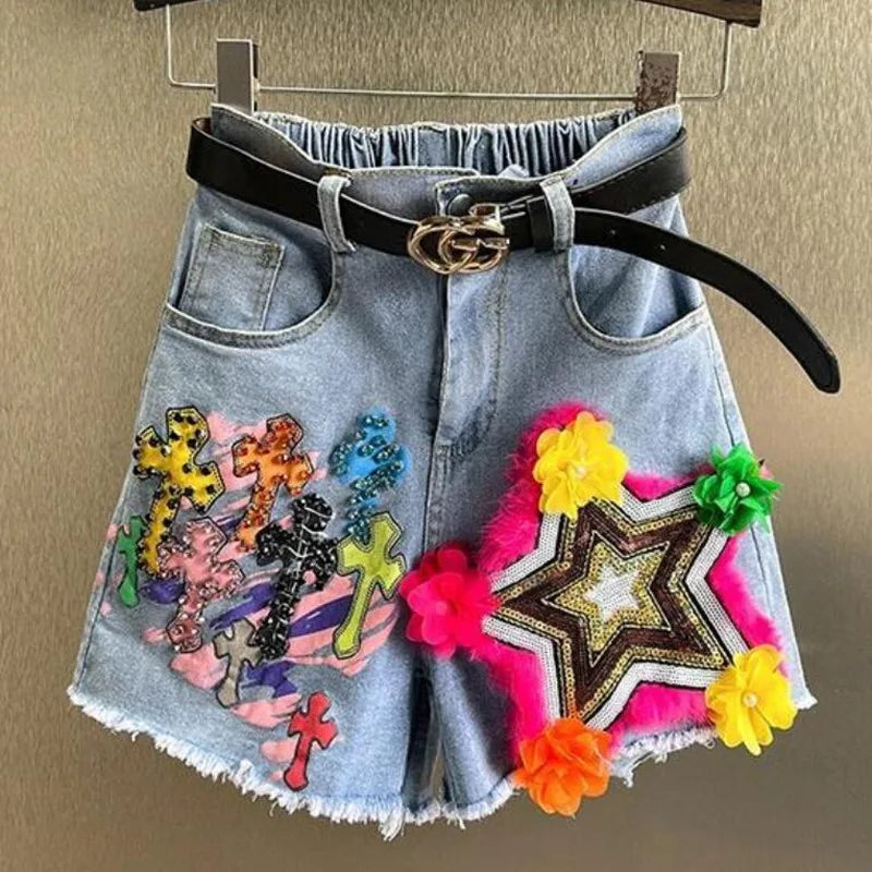 Embellished Denim Shorts With Colorful Applique Designs on Luulla