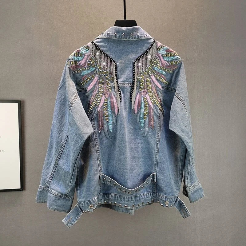 Embroidered Feather Motif Denim Jacket For Women on Luulla