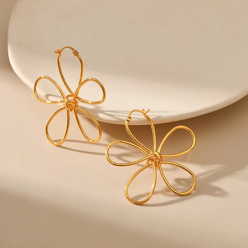 Gold Plated Flower Shaped Wire Hoop Earrings on Luulla