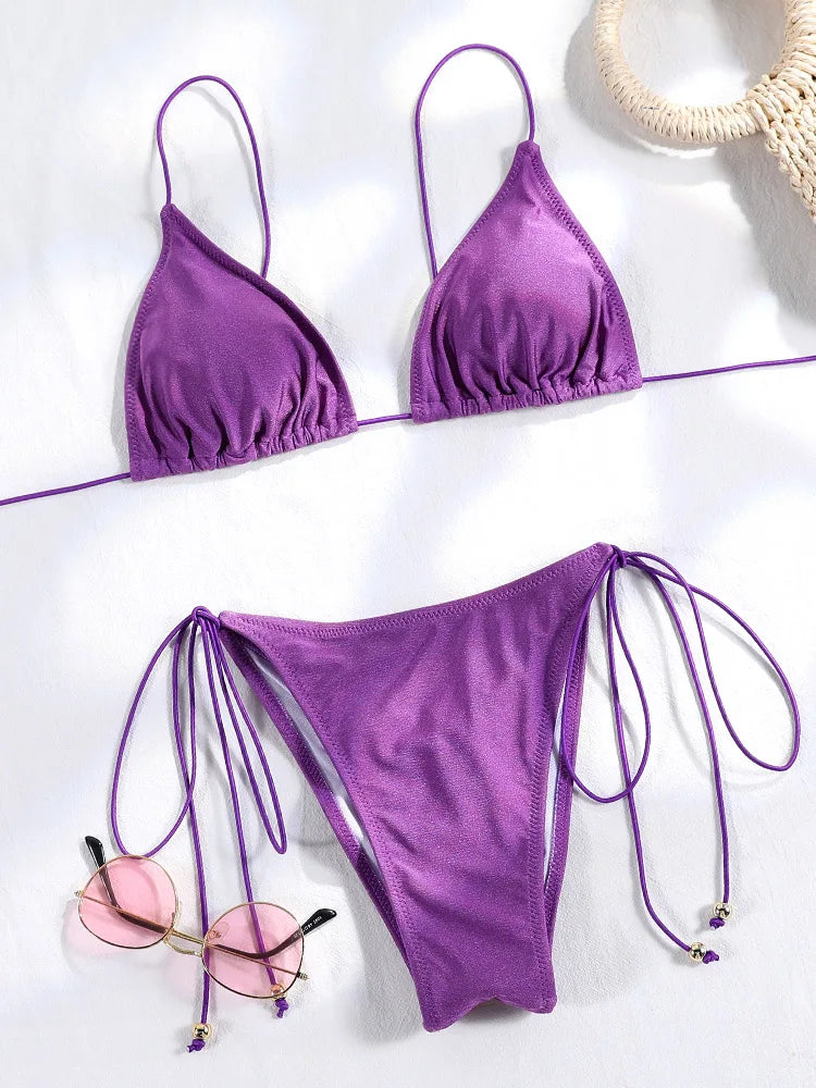 Purple Triangle Bikini Set With String Ties on Luulla