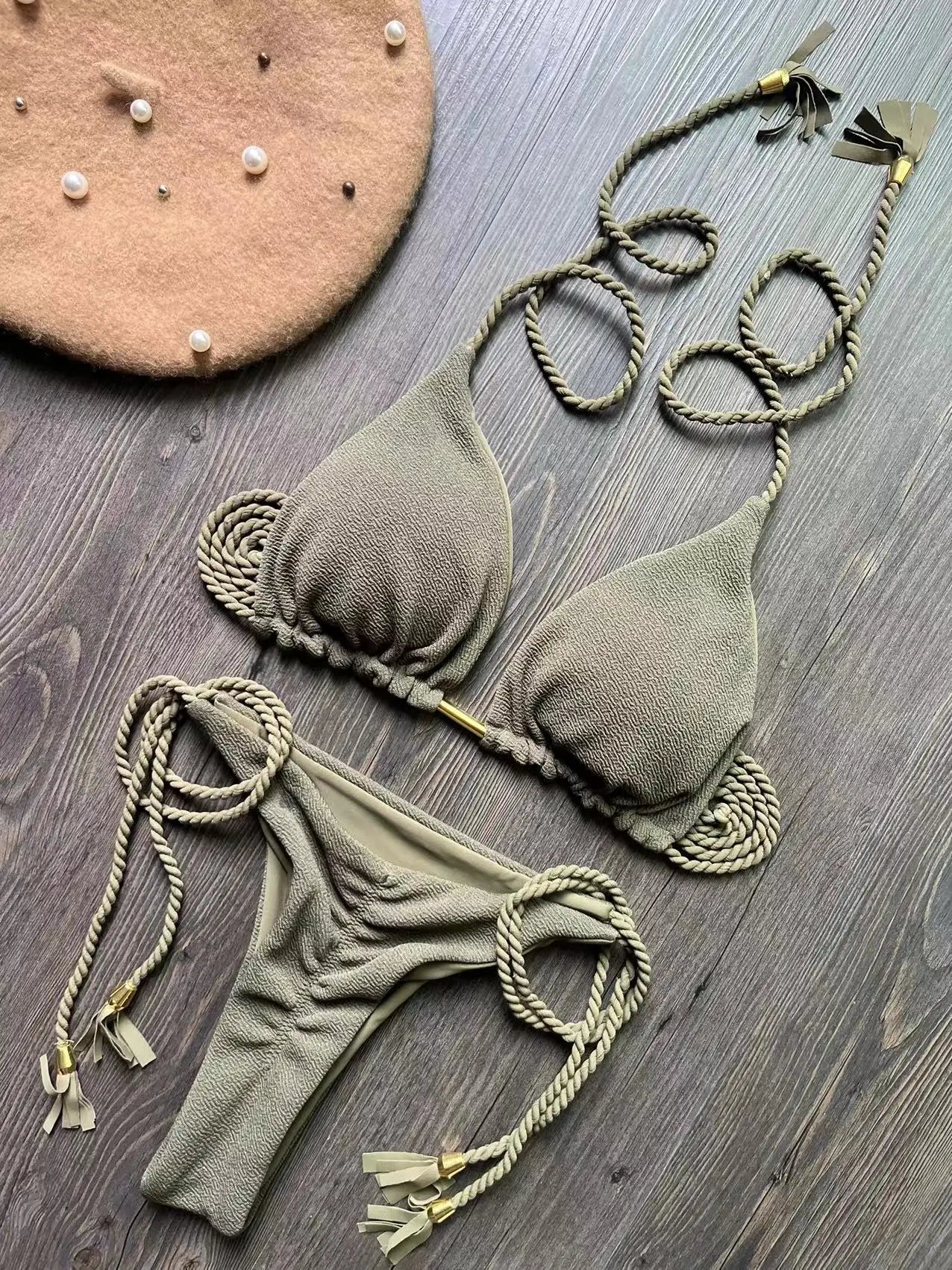 Olive Green Braided Rope Triangle Bikini Set on Luulla