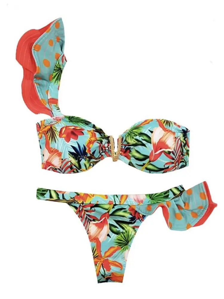 Tropical Floral Ruffle Bandeau Bikini Set Swimwear On Luulla