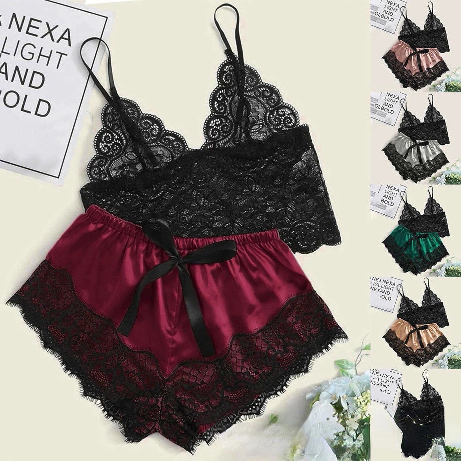 Lace Satin Lingerie Set With Bow Accent on Luulla