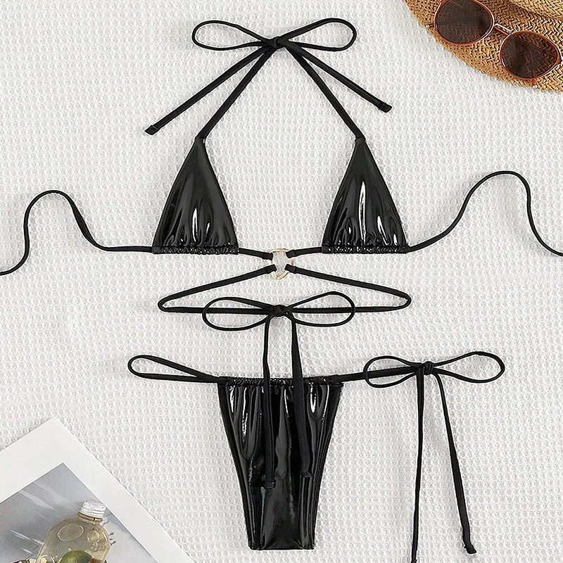 Glossy Black Triangle String Bikini Set on Luulla
