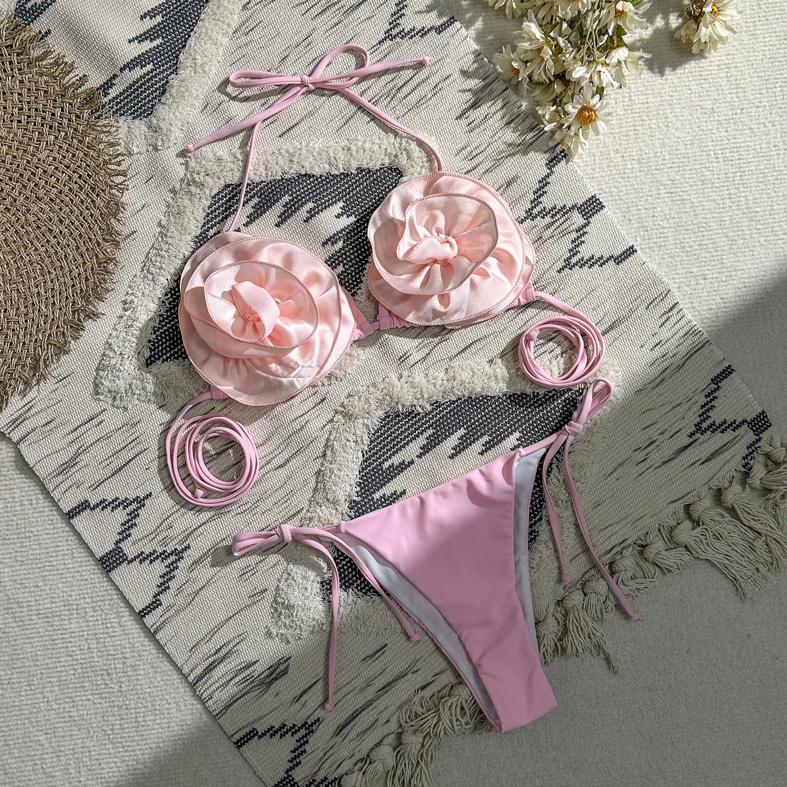 Pink Floral Ruffled Bikini Set Beachwear Swimsuit on Luulla