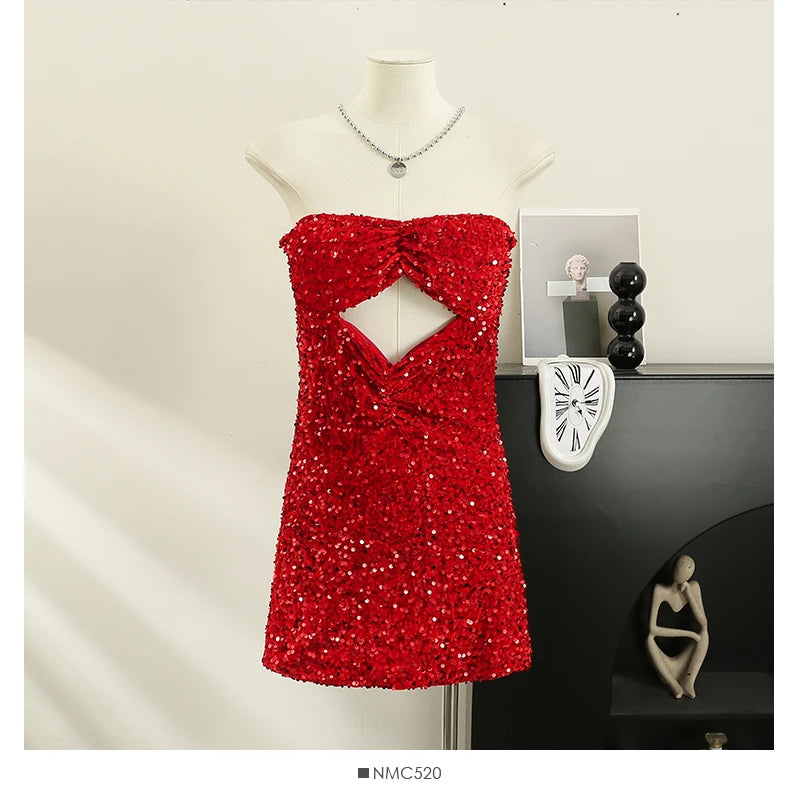 Red Sequin Strapless Dress With Cutout Design on Luulla