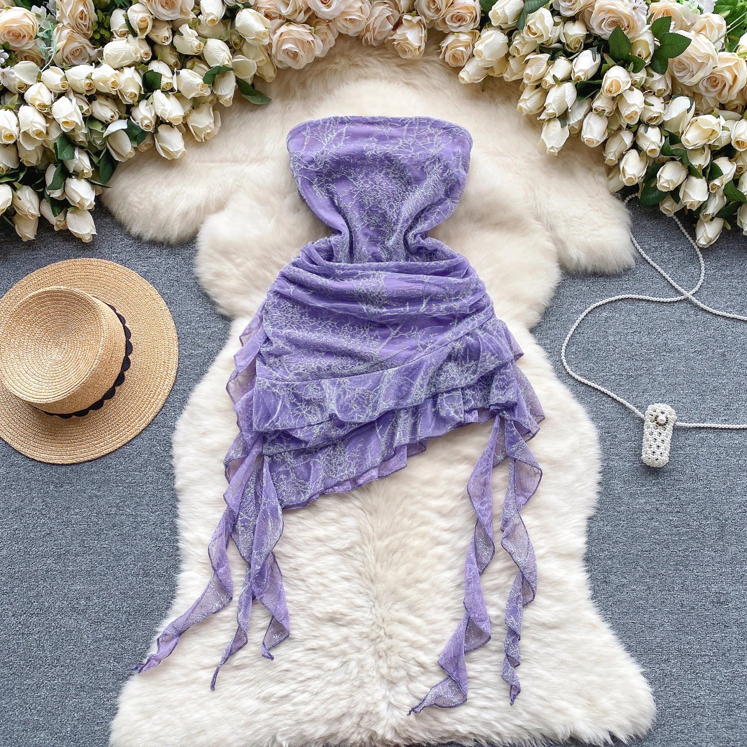 Elegant Purple Ruffled Lace Mini Dress For Women on Luulla