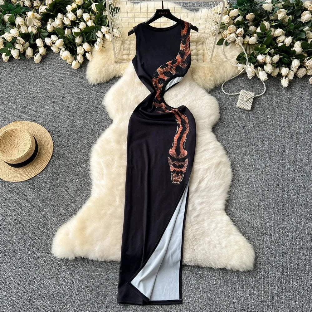 Elegant Black Snake Print Cutout Maxi Dress on Luulla