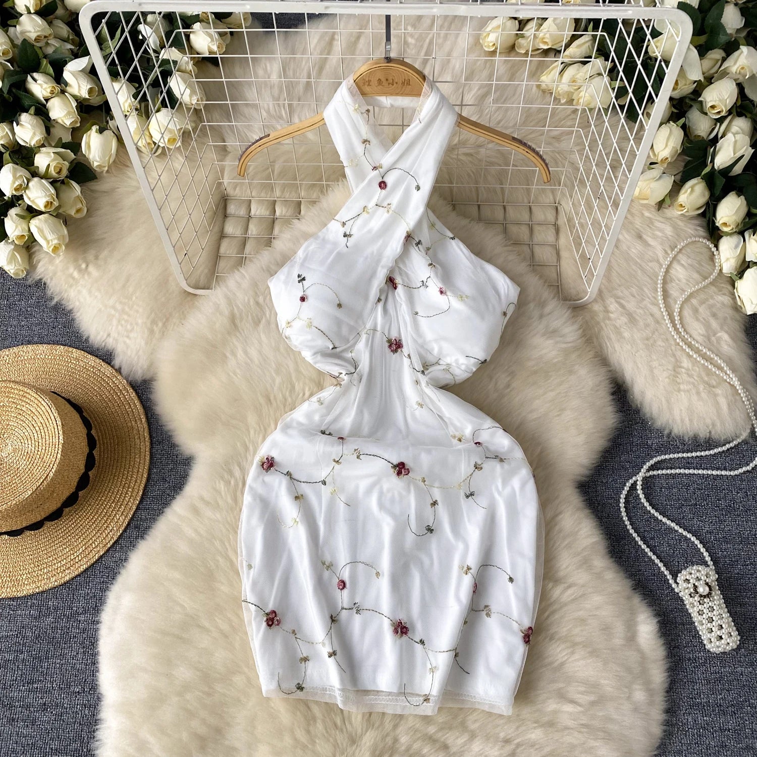 Elegant Floral Embroidered Halter Bodycon Mini Dress on Luulla