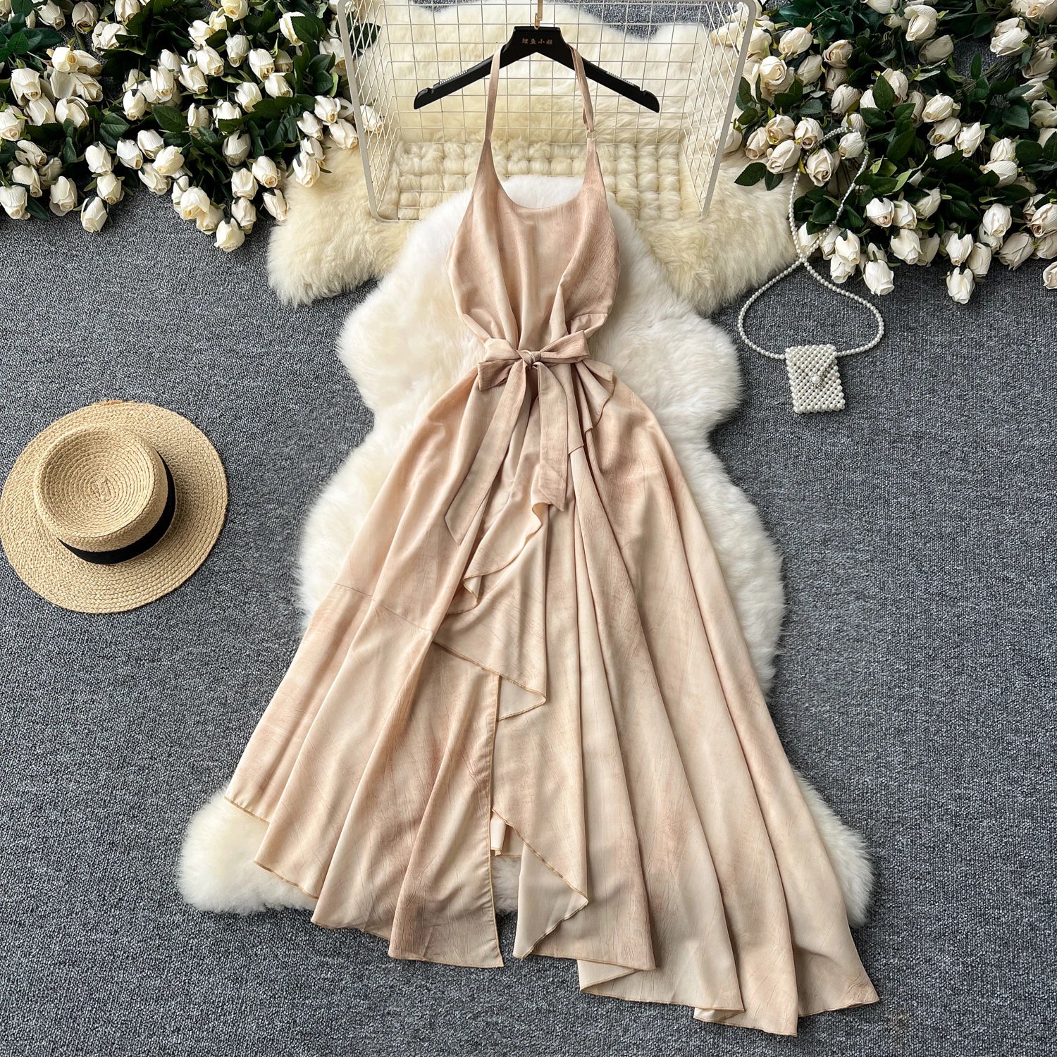 Elegant Beige Halter Top Maxi Dress on Luulla