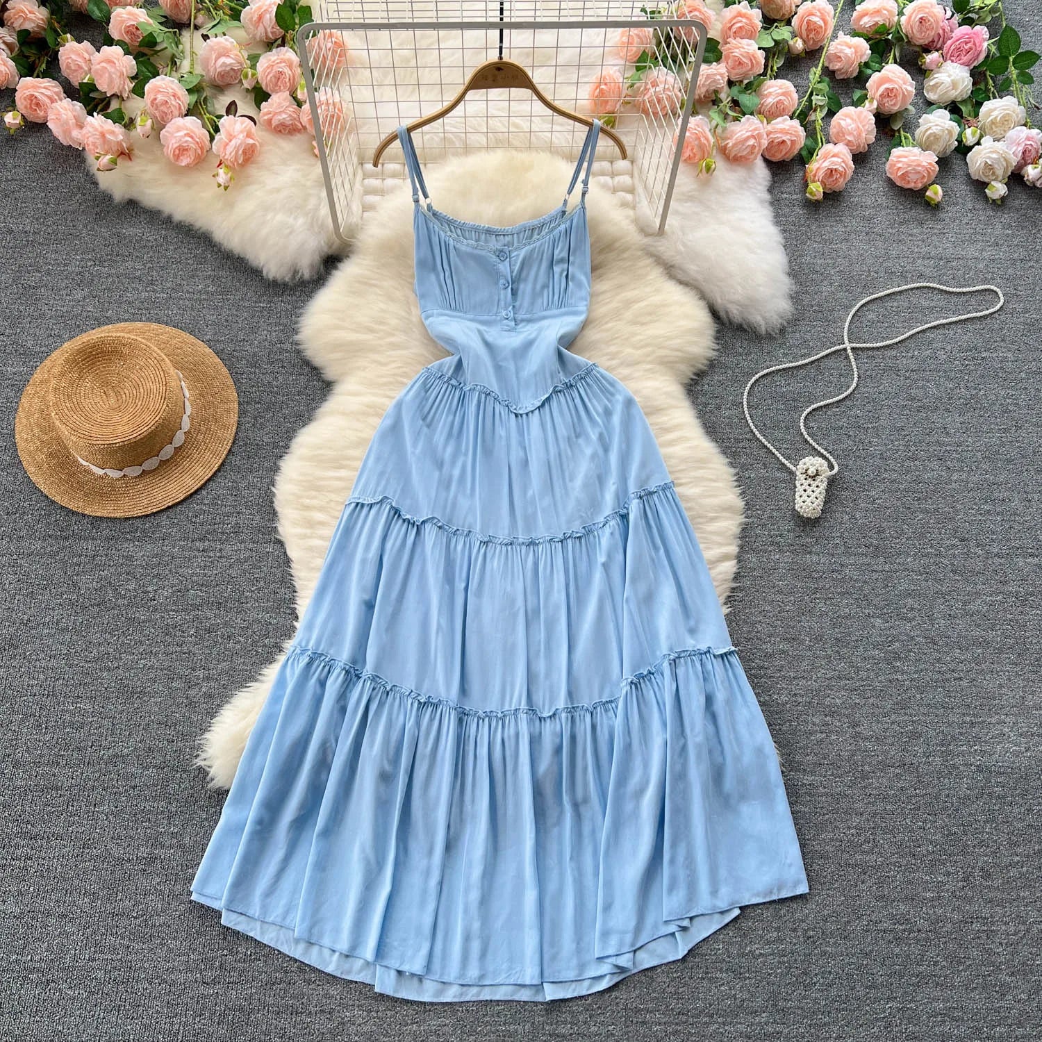 Elegant Light Blue Tiered Sundress For Women on Luulla