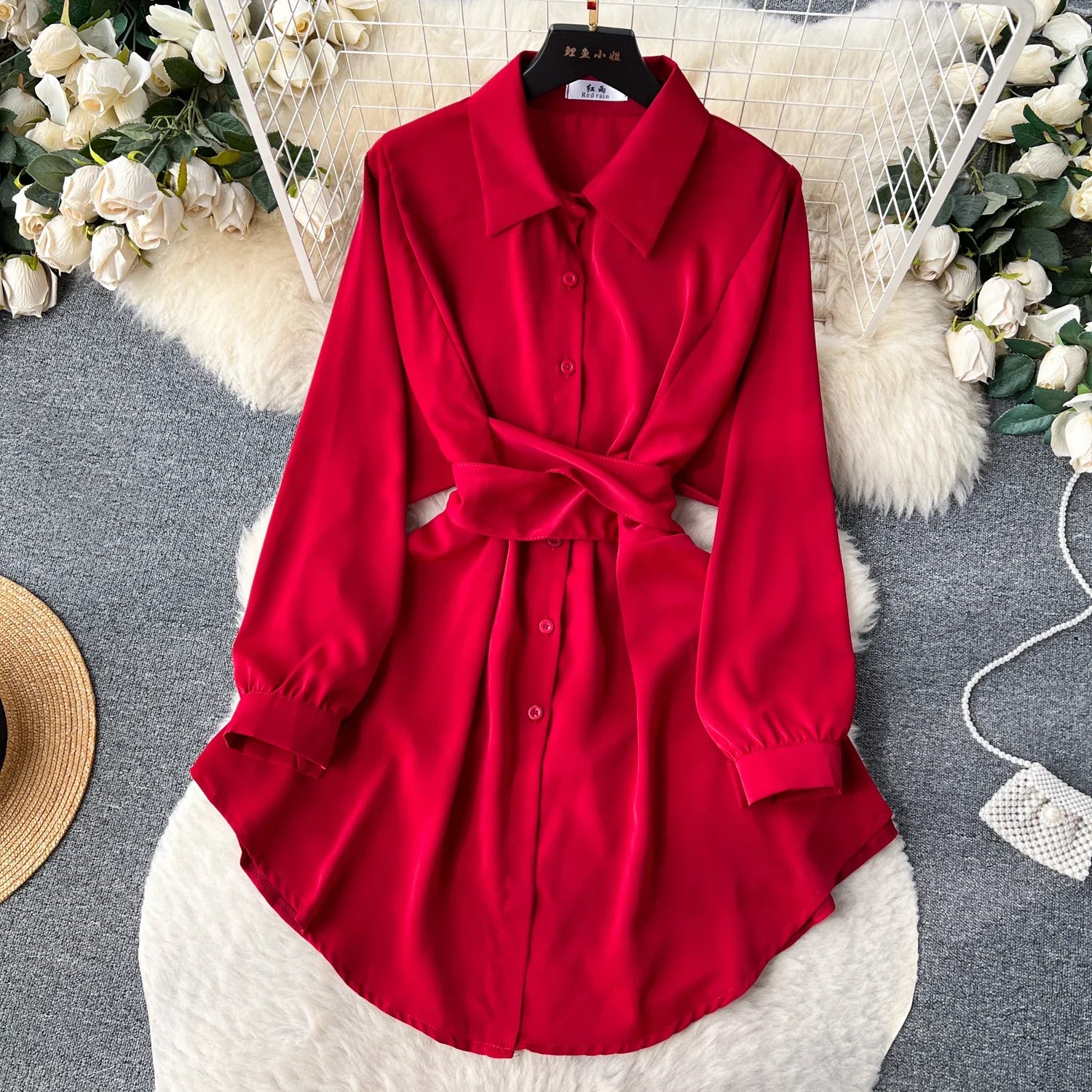 Elegant Red Button-up Dress With Cutouts on Luulla