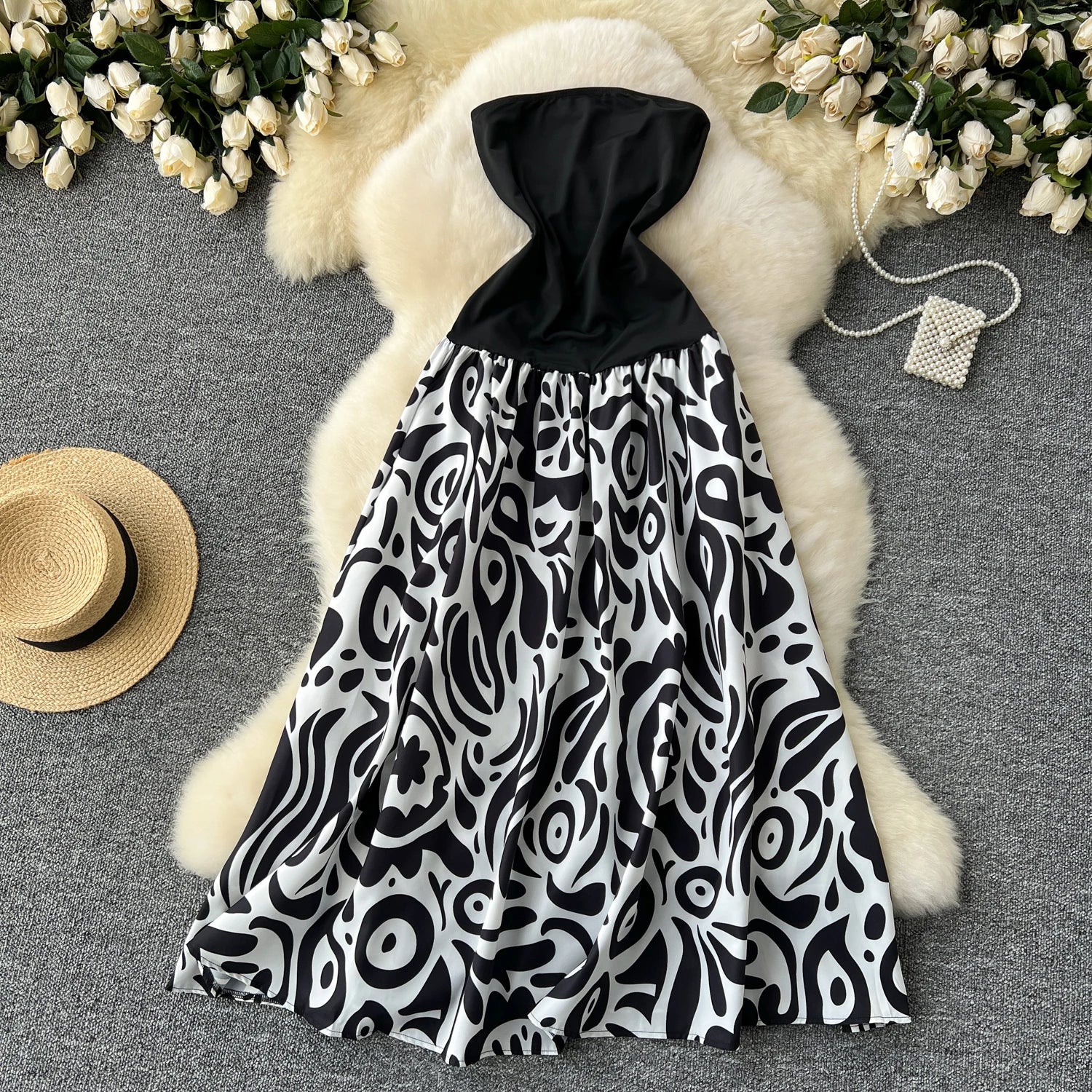 Elegant Black And White Abstract Print Dress on Luulla
