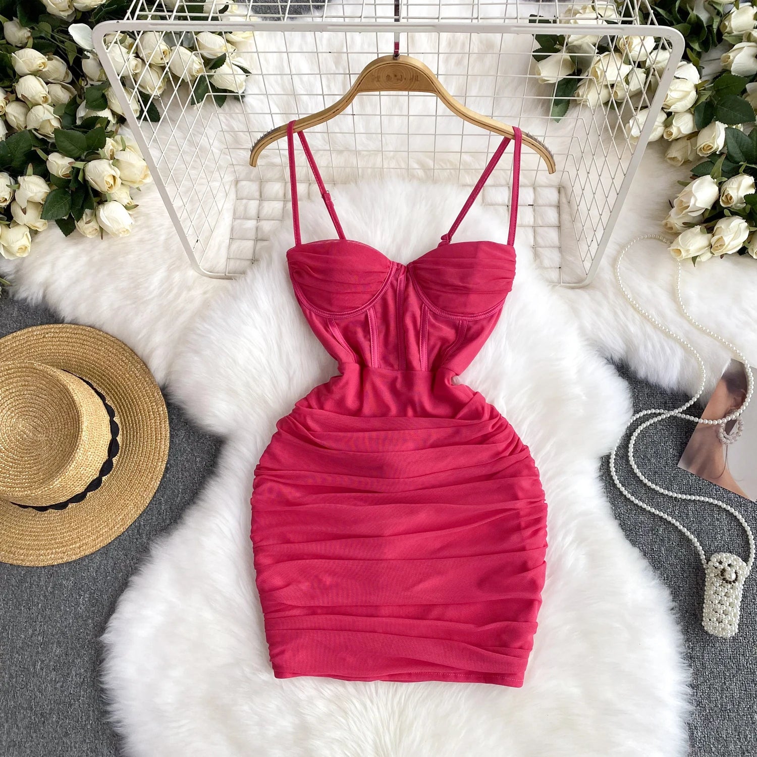 Elegant Pink Ruched Bodycon Midi Dress on Luulla