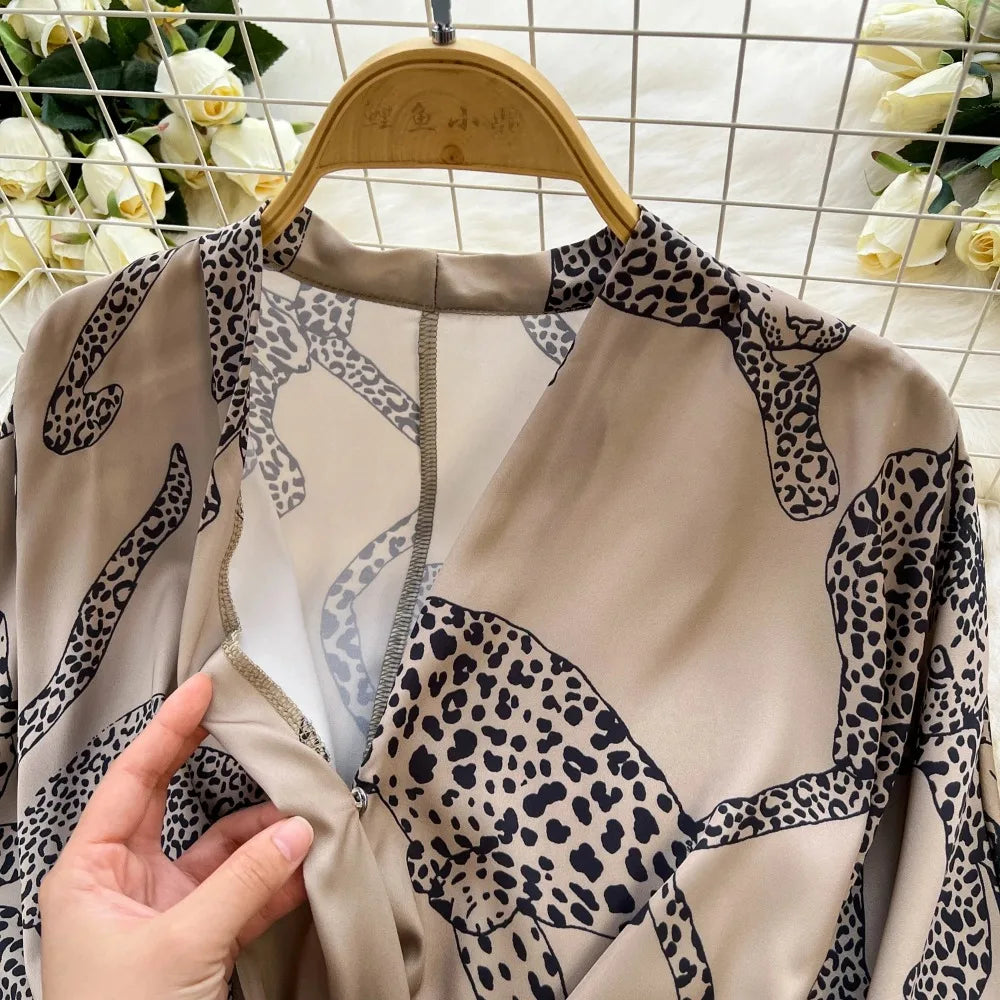 Elegant Satin Leopard Print Long Kimono Dress on Luulla